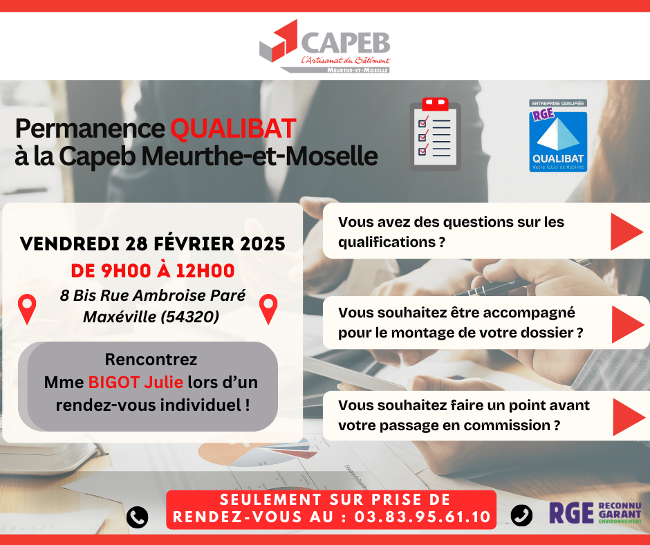 Une question sur votre dossier de qualification ? RDV à notre Permanence avec QUALIBAT ! ・ CAPEB